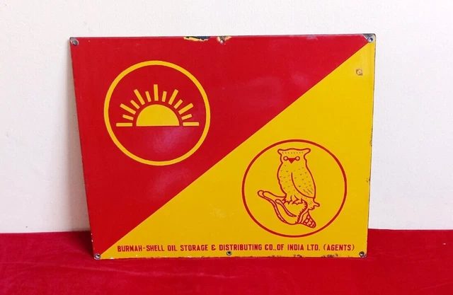 VINTAGE BURMAH SHELL Oil Porcelain Enamel Sign Board Owl & Rising Sun ...