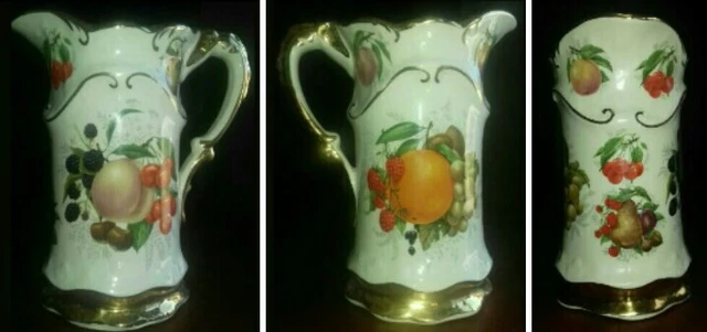 ALPHA OMEGA POTTERY (Staffs) Fruit Patterned Jug With Gold Trim,18 Cms ...