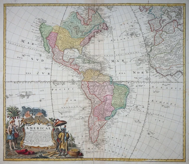 AMERIKA AMERICAE MAPPA Generalis Altkoloriert Homann Vulkane Palmen ...