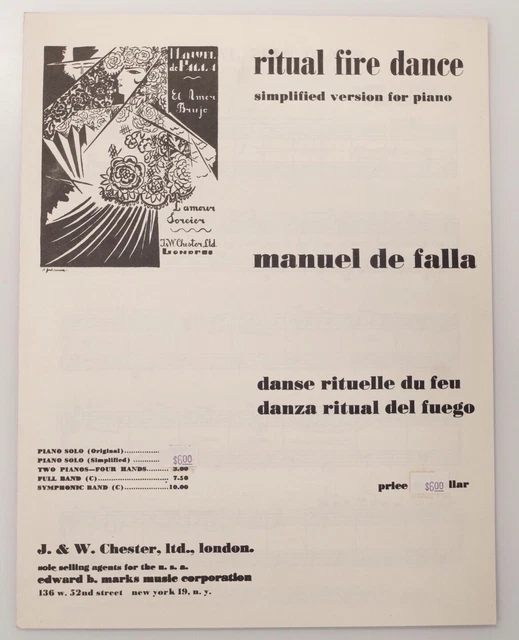 VINTAGE SHEET MUSIC RITUAL FIRE DANCE Manuel de Falla 1921 Simplified ...