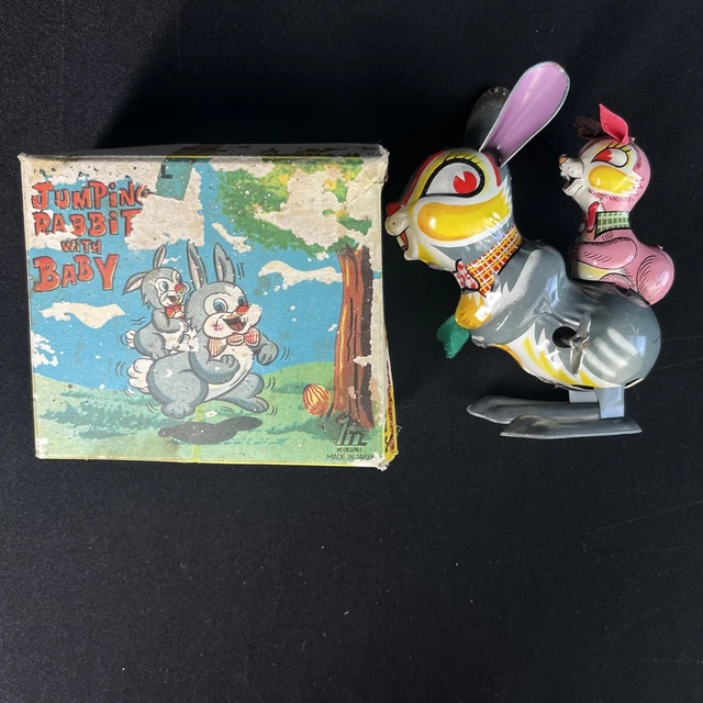 1950S MIKUNI MECHANICAL Wind-Up Jumping Rabbit & Baby Tin Litho Japan ...