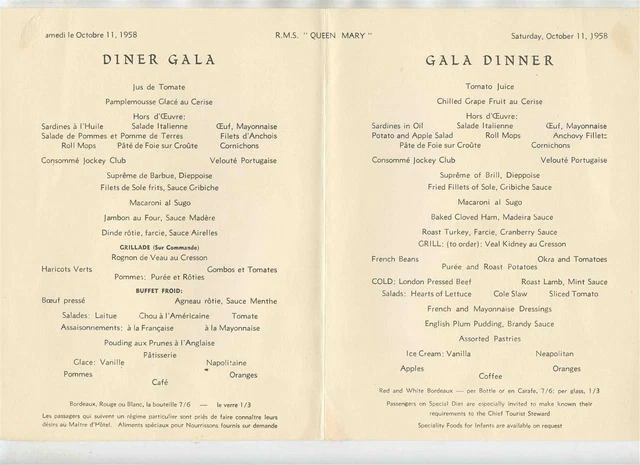 CUNARD LINE MENU RMS Queen Mary Cover 1958 £13.34 - PicClick UK
