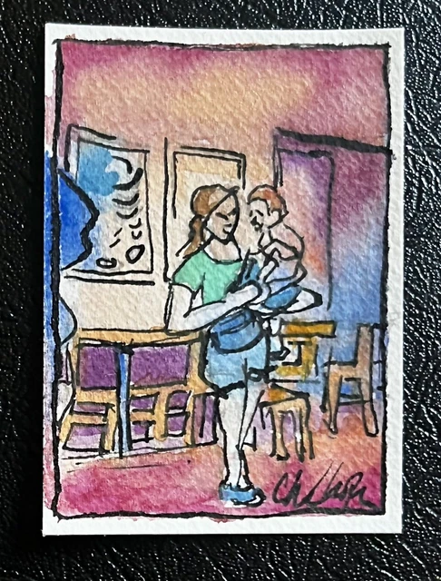 ORIGINAL WATERCOLOR PAINTING ACEO Coffee Shop, ATC Artist Trading Card ...