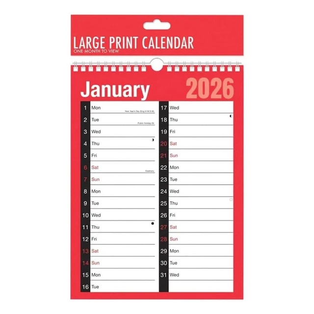 2026 A4 WALL Calendar Planner Spiral Bound Large Print Month View ...