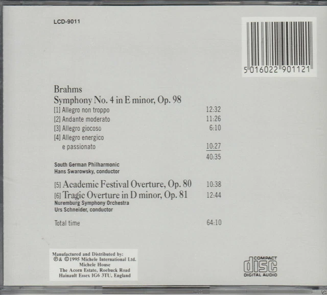 BRAHMS SYMPHONY NO. 4/Academic & Tragic Overture (CD 1995) Swarowsky Schneider $14.39 - PicClick CA