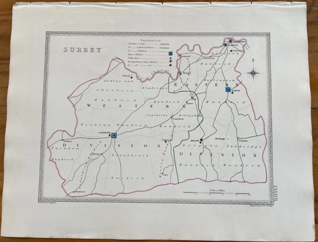 ANTIQUE COUNTY MAP Of Surrey C1831 Samuel Lewis Eng J&C Walker ...