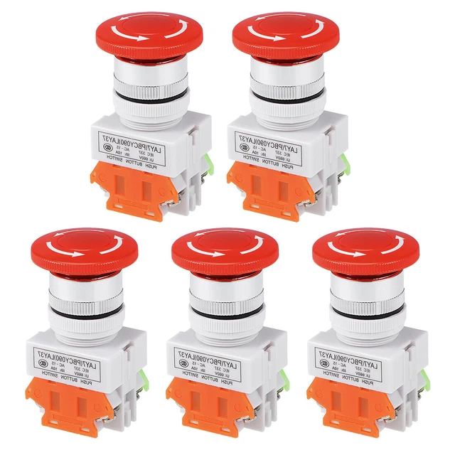 5PACK 22MM MOUNTING Hole Latching Emergency Stop Push Button Switch Red ...