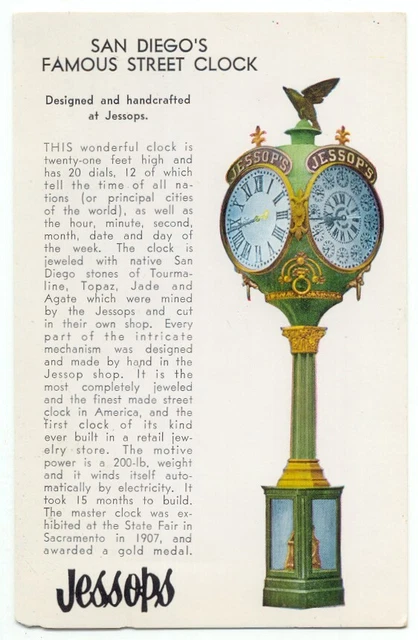 SAN DIEGO CA Famous Street Clock J. Jessop & Sons Postcard California ...