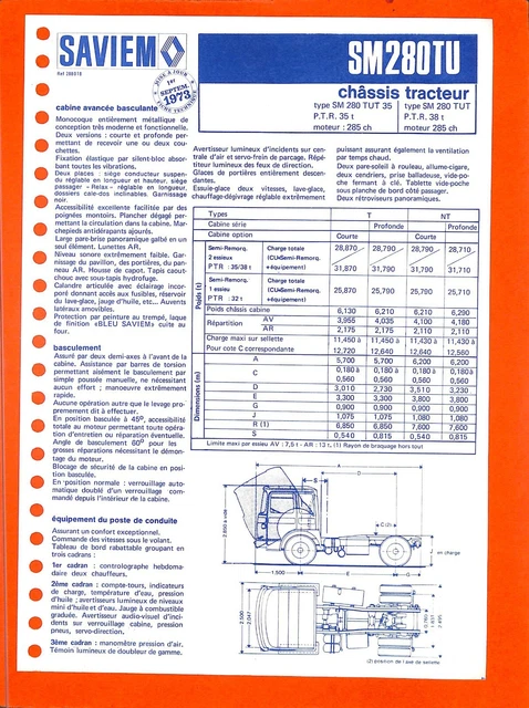 SAVIEM / FICHE TECHNIQUE / CHASSIS TRACTEUR SM 280 TU A de 1973 EUR 4 ... SAVIEM / FICHE TECHNIQUE / CHASSIS TRACTEUR SM 280 TU A de 1973 EUR 4 ...