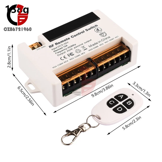 4 CHANNELS WIRELESS Relay Remote Control Switch Receiver Module 433Mhz ...