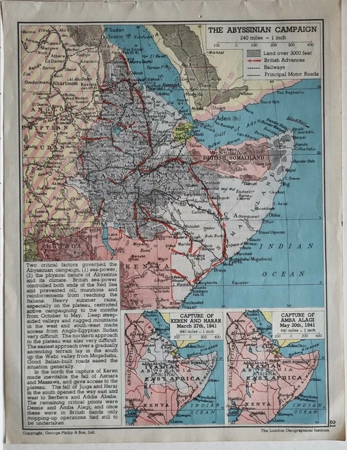 1941 WW2 MAP The Abyssinian Campaign British Advances Keren Harar Amba ...