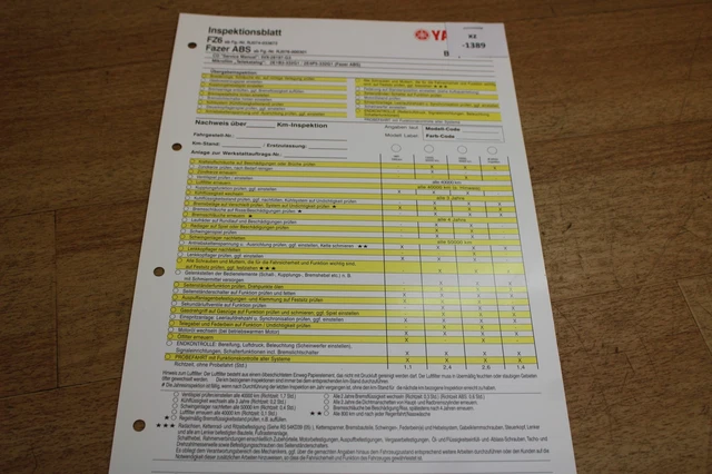 YAMAHA FZ6 RJ07 2006 Inspektionsblatt Technische Daten und Füllmengen ...