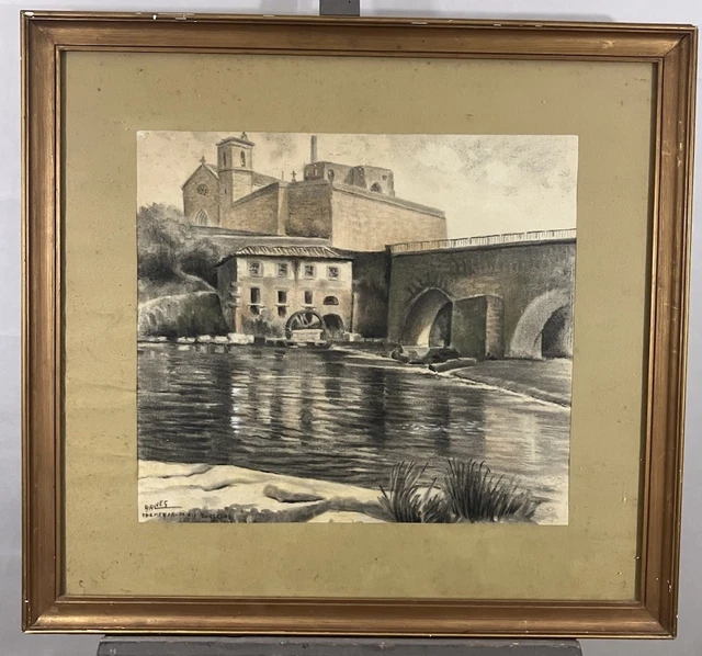 RARE DESSIN REPRÉSENTANT le pont de Barcelos au Nord du Portugal signé ...
