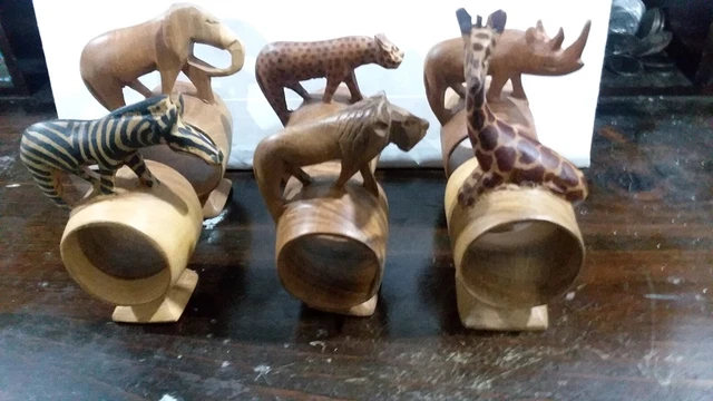 VINTAGE HAND CARVED Wooden African Animal Napkin Rings Set Of 6 ...
