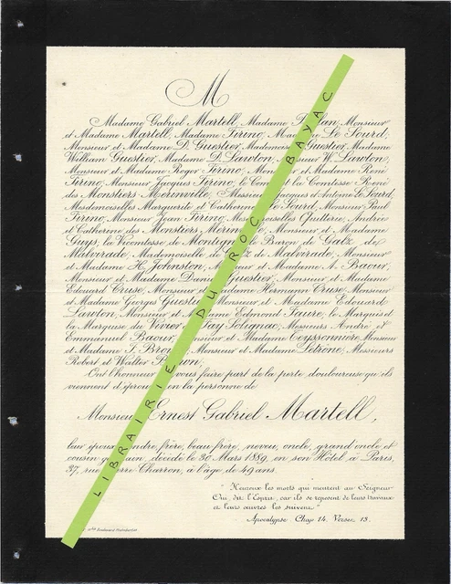 FAIRE PART DECES + Ernest MARTELL + 1889 Paris + FIRINO, LE SOURD, des MONSTIERS EUR 19,00 ...