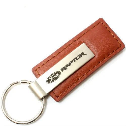 GENUINE BROWN LEATHER Rectangular Silver Ford Raptor Logo Key Chain Fob ...