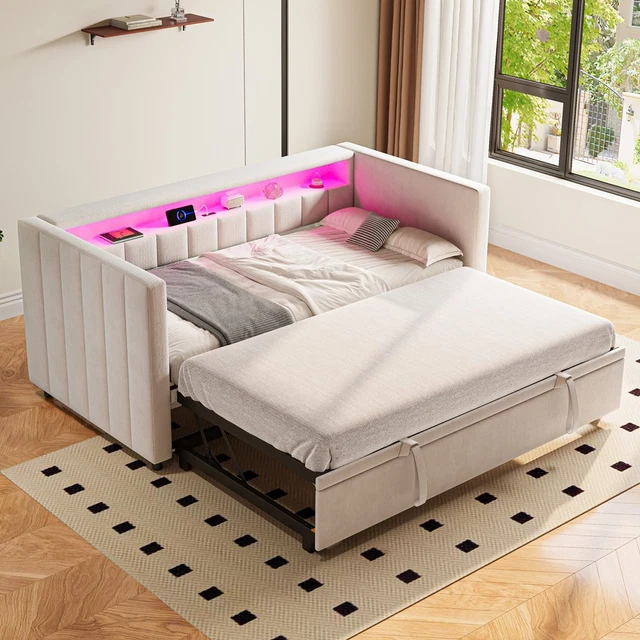 3FT SINGLE DAYBED w/Pull Out Bed, LED Upholstered Sleeper Sofa Double ...