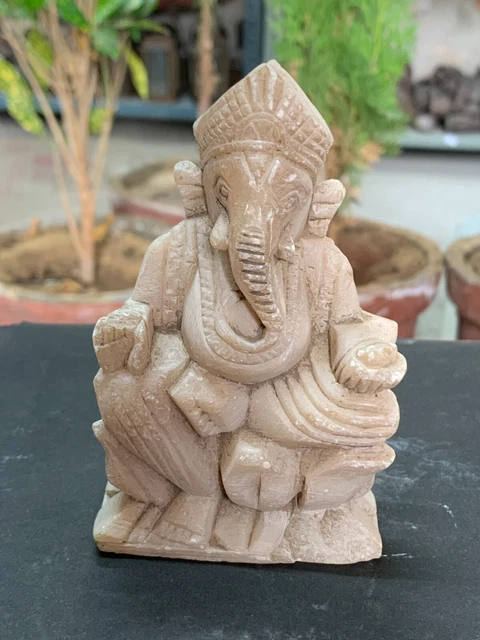 ANTIQUE INDIAN HAND Carved White Marble Stone Lord Ganesha Idol Statue ...