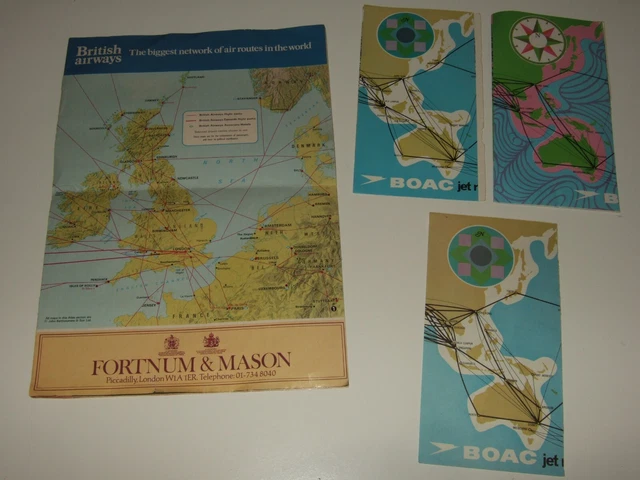 VINTAGE BRITISH AIRWAYS Route Map. Early 1980s. + 3 x BOAC Jet Routes ...