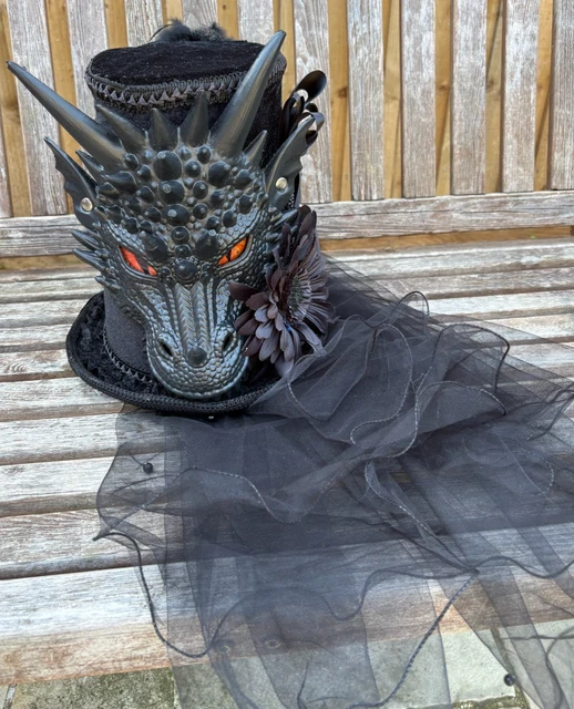 STUNNING DRAGON INSPIRED 12" TALL Top Hat 62cm ALL Black Veil Feather ...
