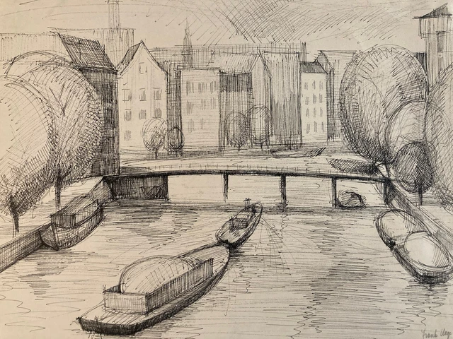 BEAUTIFUL 1960 AMSTERDAM Canal Holland Ink Drawing Old Frank Hage ...