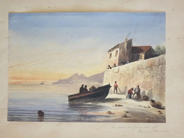 ANCIEN TABLEAU DE marine à l'aquarelle. Bateau Paysage de Grèce avec personnages EUR 15,00 ...