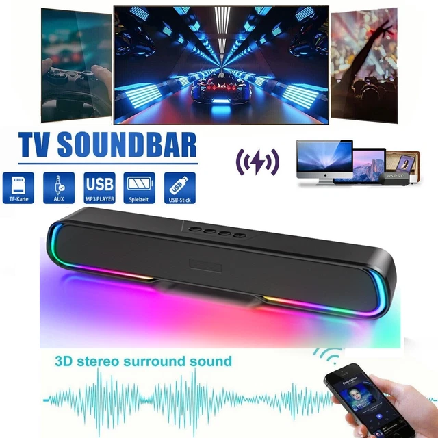 SURROUND SOUND BAR RGB Speaker System Wireless BT Subwoofer TV Home ...