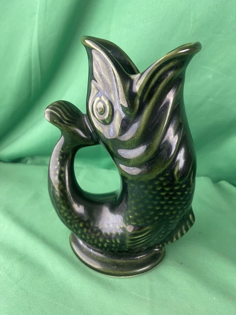 FOSTERS POTTERY BROWN Swirl Fish Gurgling Jug 7” Tall Cornwall England ...