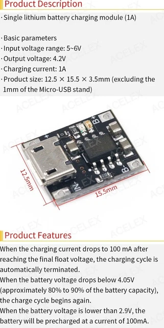 SINGLE CELL 3.7V Lithium Battery Charger Module TP4056 1A 5V-6V TC4056 ...