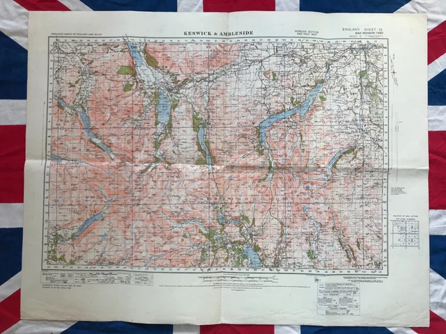 WW2 KESWICK AND Ambleside Lake District Map 1940 Linen Backed OS Sheet ...