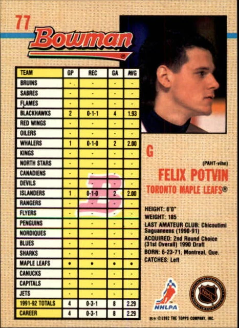 CARTE DE HOCKEY 1992-93 Bowman Maple Leafs #77 Felix Potvin EUR 1,64 ...