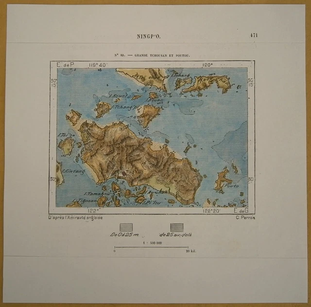 1882 PERRON MAP ZHOUSHAN (CHUSAN) & PUTUO, ZHOUSHAN ARCHIPELAGO, CHINA ...