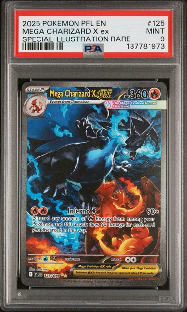 PSA 9 MINT 2025 POKEMON PFL EN-PHANTASMAL FLAMES #125 MEGA CHARIZARD X ...
