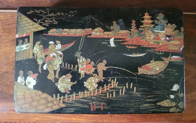 COFFRET ANCIEN, PAPIER mâché, Chine, début XXème siècle, scène animée ...