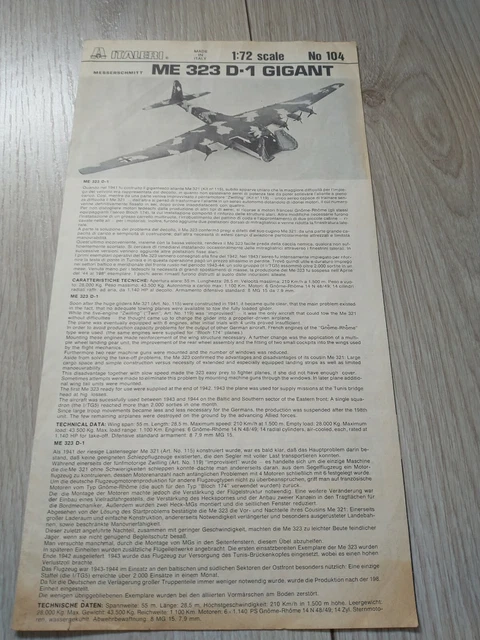 ITALERI MODEL MESSERSCHMITT ME 323 D-1 GIGANT Model Kit No104 ...