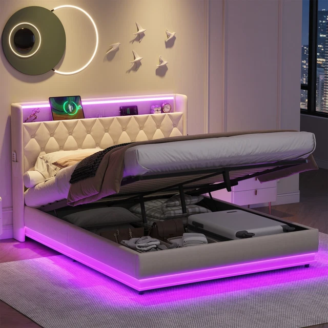 5FT UPHOLSTERED OTTOMAN Bed with Storage, Headboard with LED Lights and ...