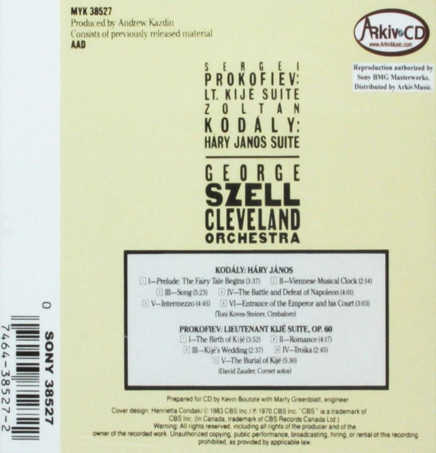 CLEVELAND ORCHE PROKOFIEV: Lieutenant Kije Suite; Kodaly: Hary Janos ...