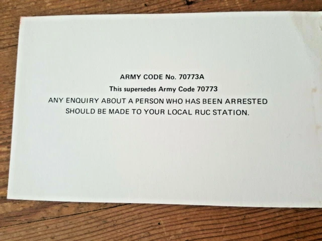 BRITISH ARMY NORTHERN Ireland the troubles 1980s Arrest Card op cara ...