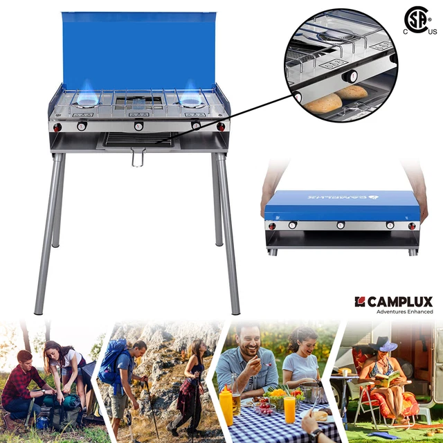 CAMPLUX PORTABLE GAS Stove 2 Burners & 1 Grill 15,000 BTU Propane Gas ...