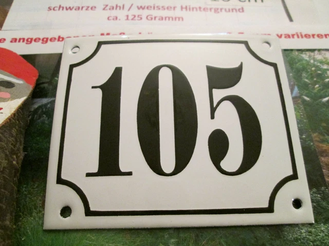HAUSNUMMER EMAILLE NR. 105 schwarze Zahl auf weißem Hintergrund 12 cm x ...