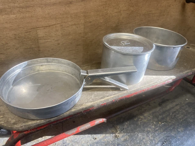 EX MOD BRITISH Army Set Of 3 Field Cooking Mess Pans with Lids Fishing ...