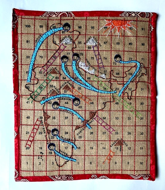 EMBROIDERED CHUTES LADDERS Board Game Snakes Unique Geography Handmade ...