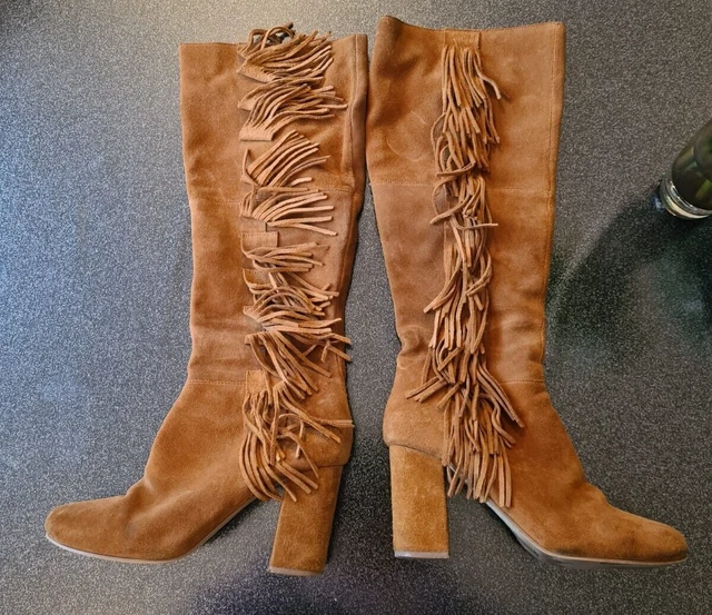 WOMENS RIVER ISLAND Brown Tan Suede Knee High Tassel Boots Size 6 £29. ...