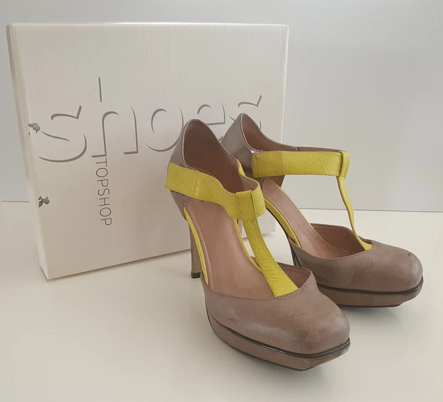 TOPSHOP TAUPE/YELLOW/METALLIC T-BAR Square Toe Platform Sandals ~ UK 6 ...