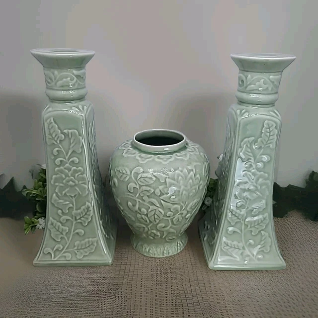 CHOPSTICKS BY ANDREA Sadek Two 9" Candlesticks & Vase Celadon 3pcs Sage ...