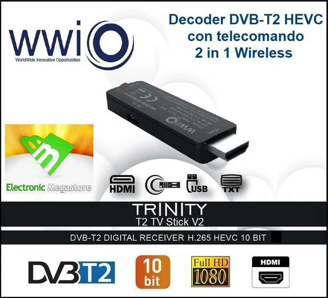 DECODER DIGITALE TERRESTRE DVB-T2 Stick Full HD HDMI Ricevitore HEVC H265 10Bit EUR 28,50 ...