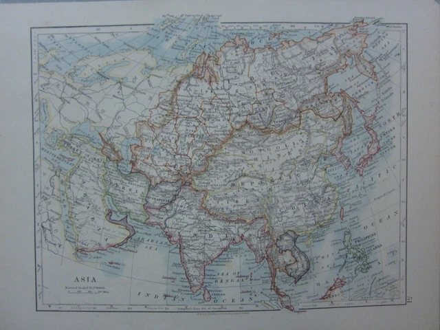 1914 MAPPA ~ Asia India Arabia Persia Chine Siam Siberia Cina Tibet ...