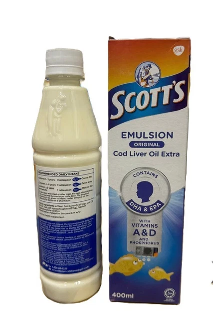 SCOTT'S EMULSION ORIGINAL Cod Liver Oil Extra DHA & EPA Vit A&D 400ml ...