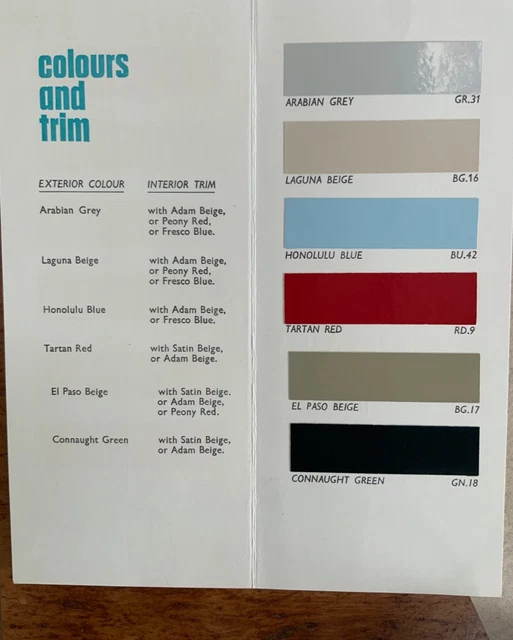 1960S AUSTIN 1100 Saloon full colour chart with samples. £8.65 ...