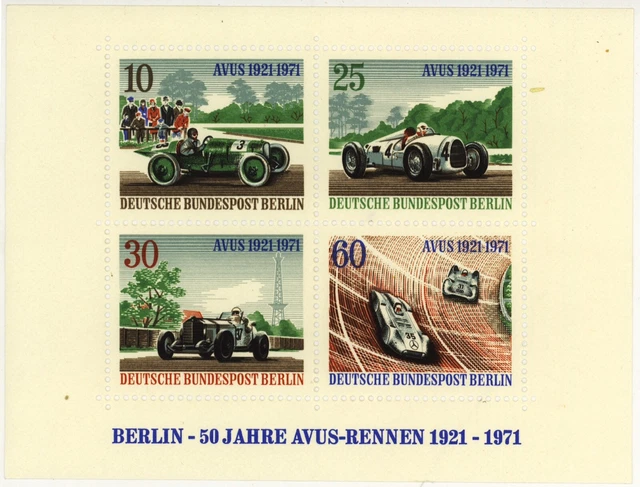BERLIN 50 ANS Avus-Rennen 1921 -1971 quatre timbres mini feuille ...